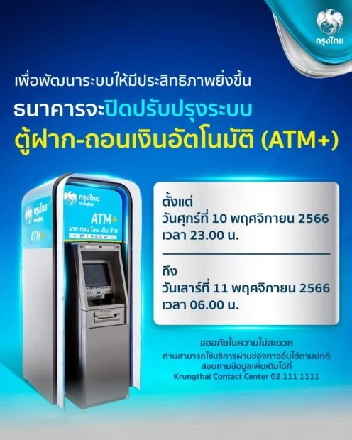 เปิด 7 แบงก์ใหญ่ แจ้งปิดปรับปรุงตู้ ATM-CDM กดเงินไม่ได้ 10-11 พ.ย. นี้